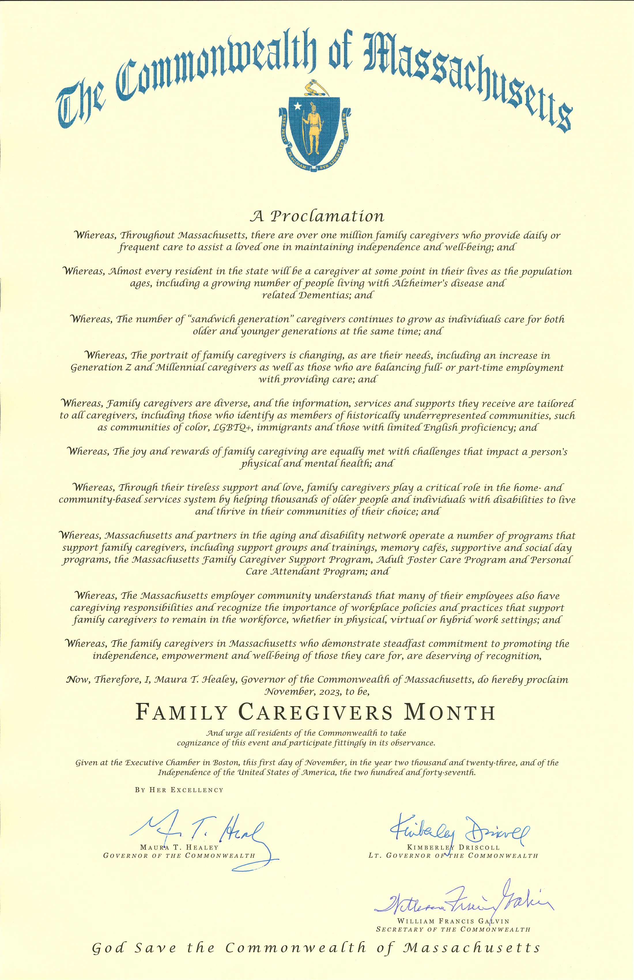 Read Governor Healey's Proclamation of Family Caregiver Month | Mass.gov