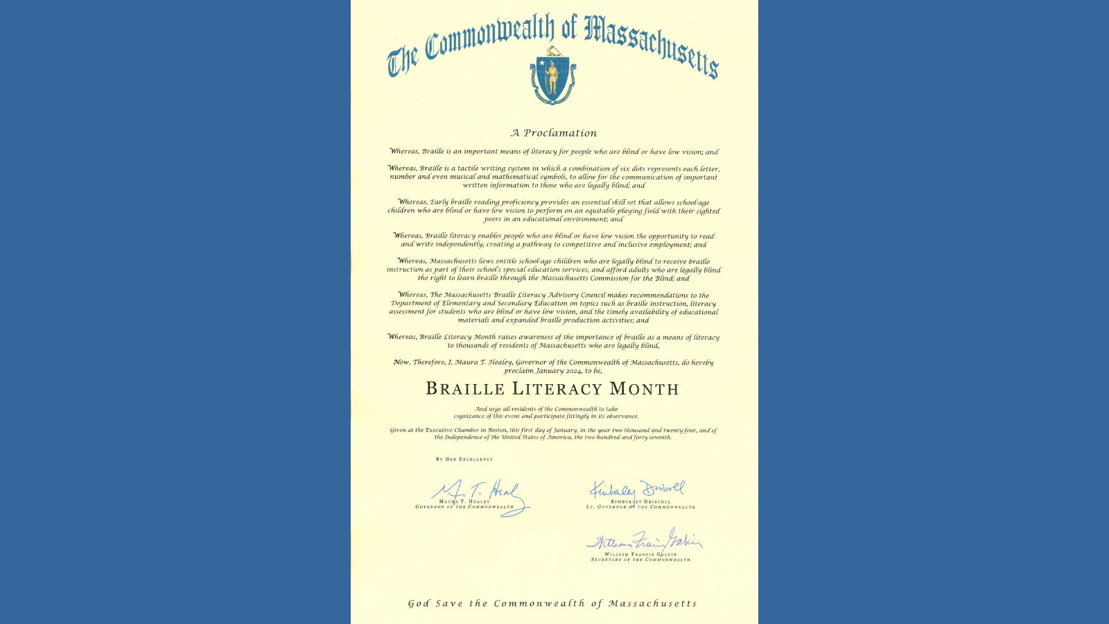 Read Governor Healey's Braille Literacy Month Proclamation | Mass.gov