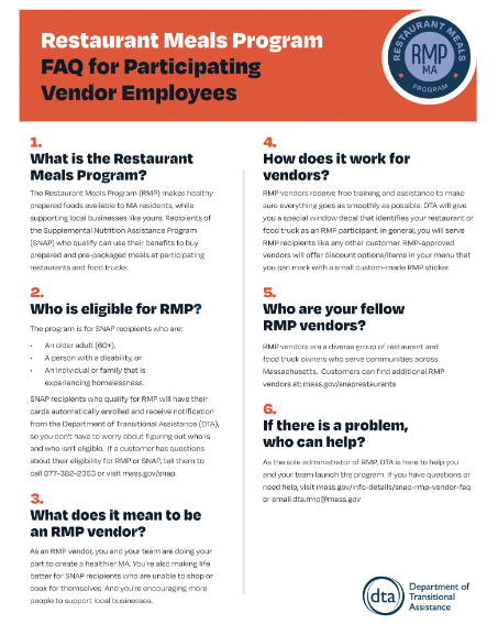 SNAP Restaurant Meals Program Outreach Materials | Mass.gov