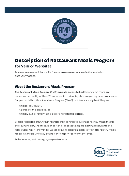 SNAP Restaurant Meals Program Outreach Materials | Mass.gov