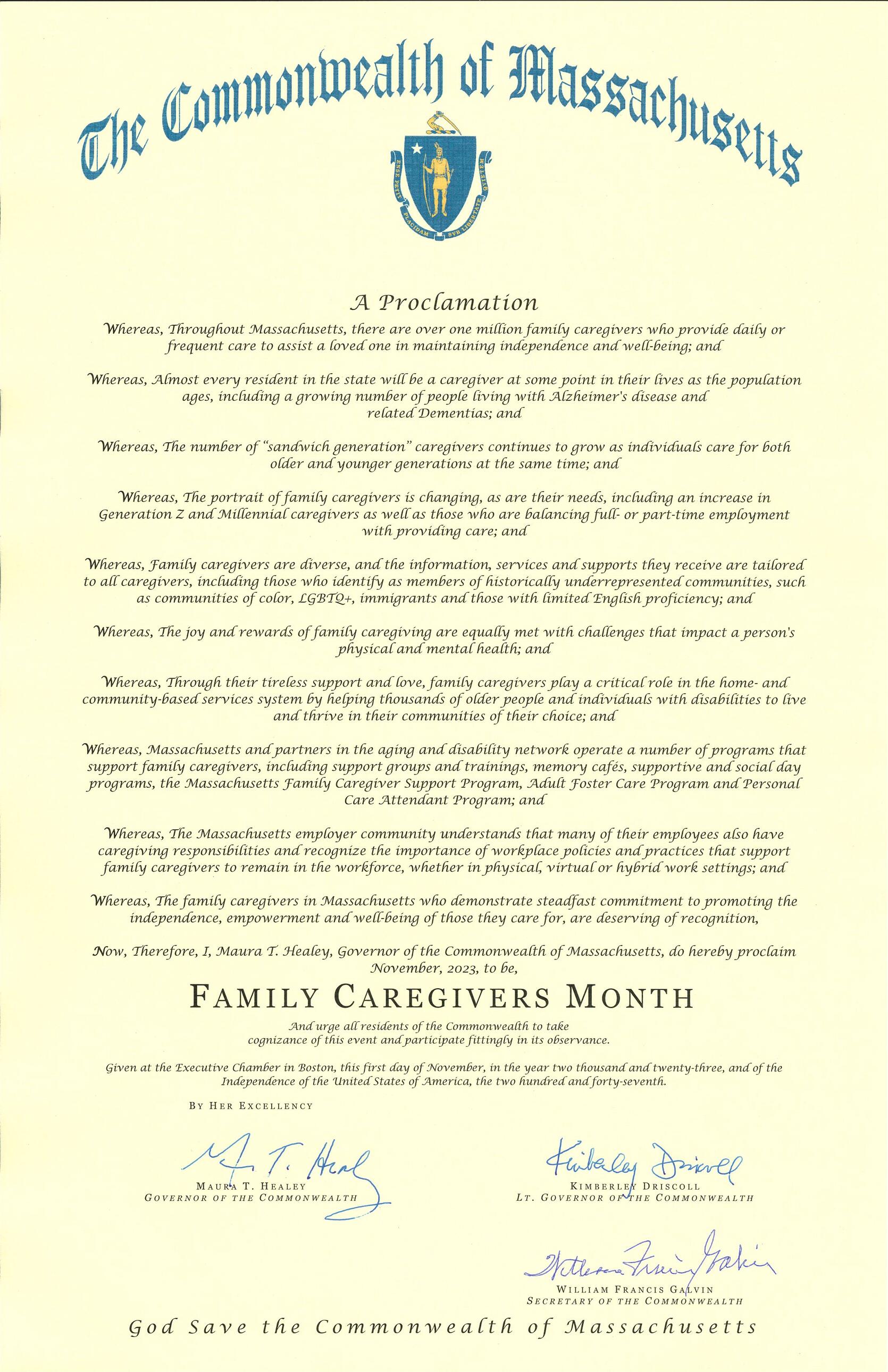 Read Governor Healey's Proclamation of Family Caregiver Month | Mass.gov
