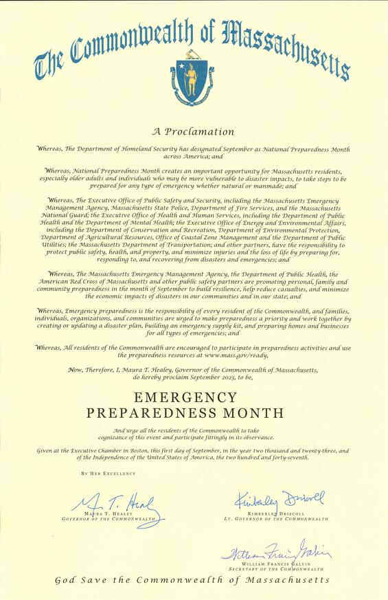 Governor Healey Proclaims “Emergency Preparedness Month” | Mass.gov